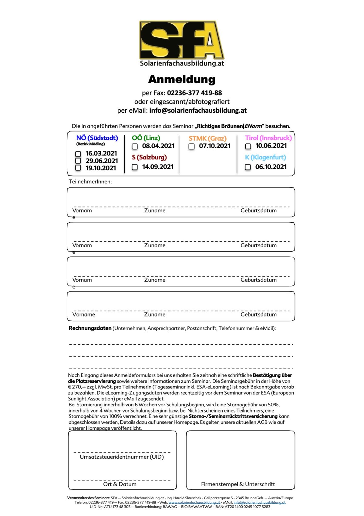Seminare, Prüfungen & Termine - SFA - Solarienfachausbildung.at